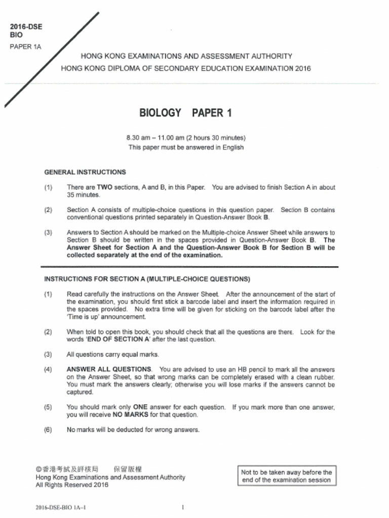 Biology Past Paper2016 P1A | PDF