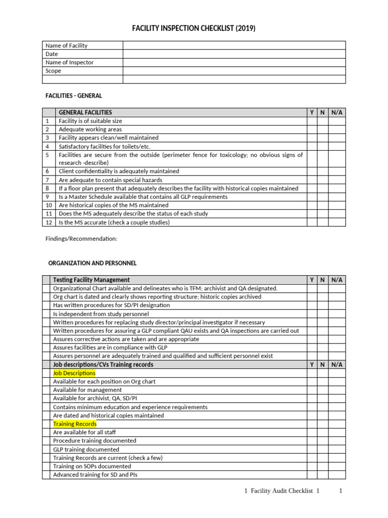 Facility Inspection Checklist | PDF | Calibration