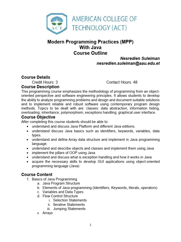 Course Outline-Edited - 2024 | PDF | Object Oriented Programming | Class (Computer Programming)