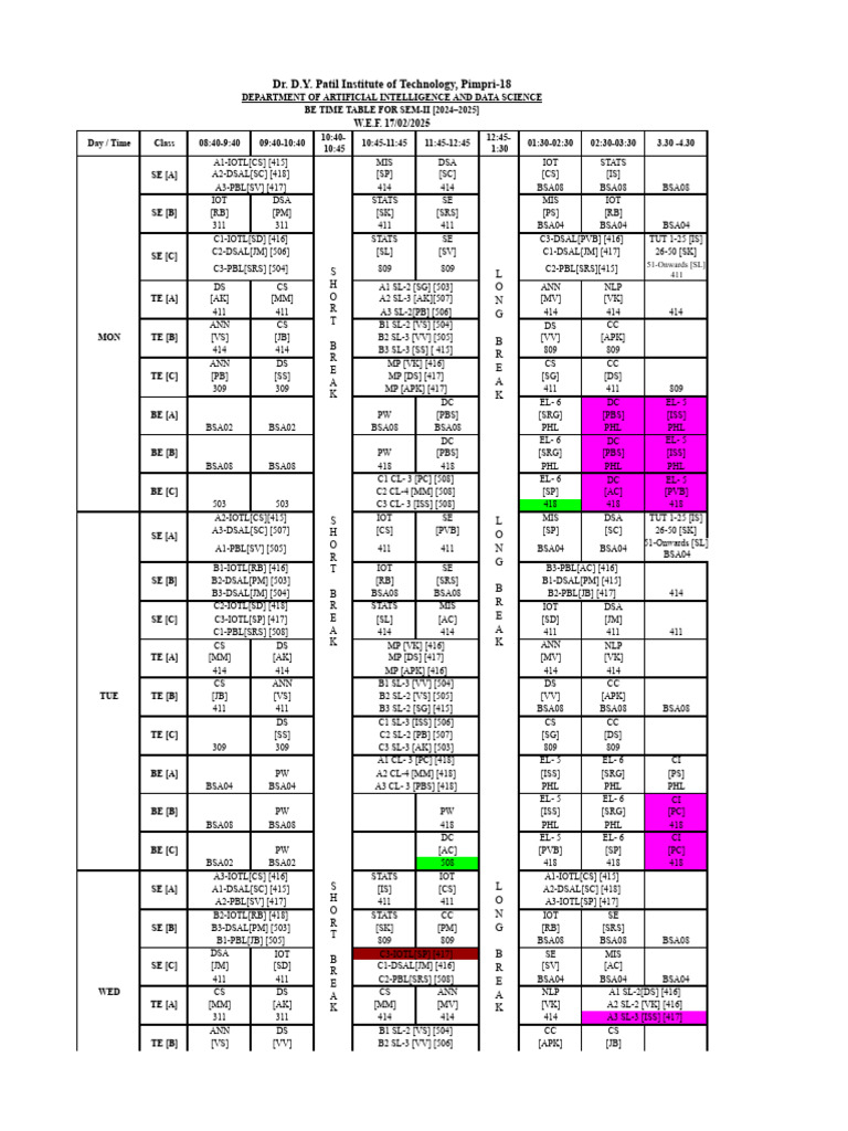 BE AI & Data Science Timetable 2024-25 | PDF