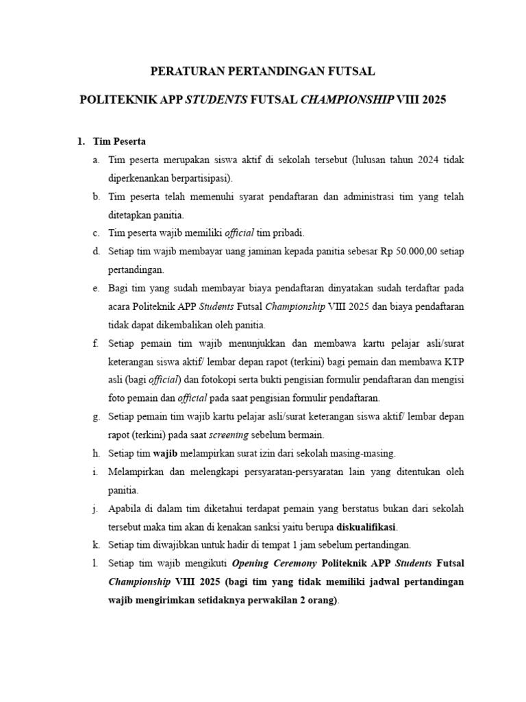 PERATURAN PERTANDINGAN FUTSAL PAS FC 2025-1 | PDF