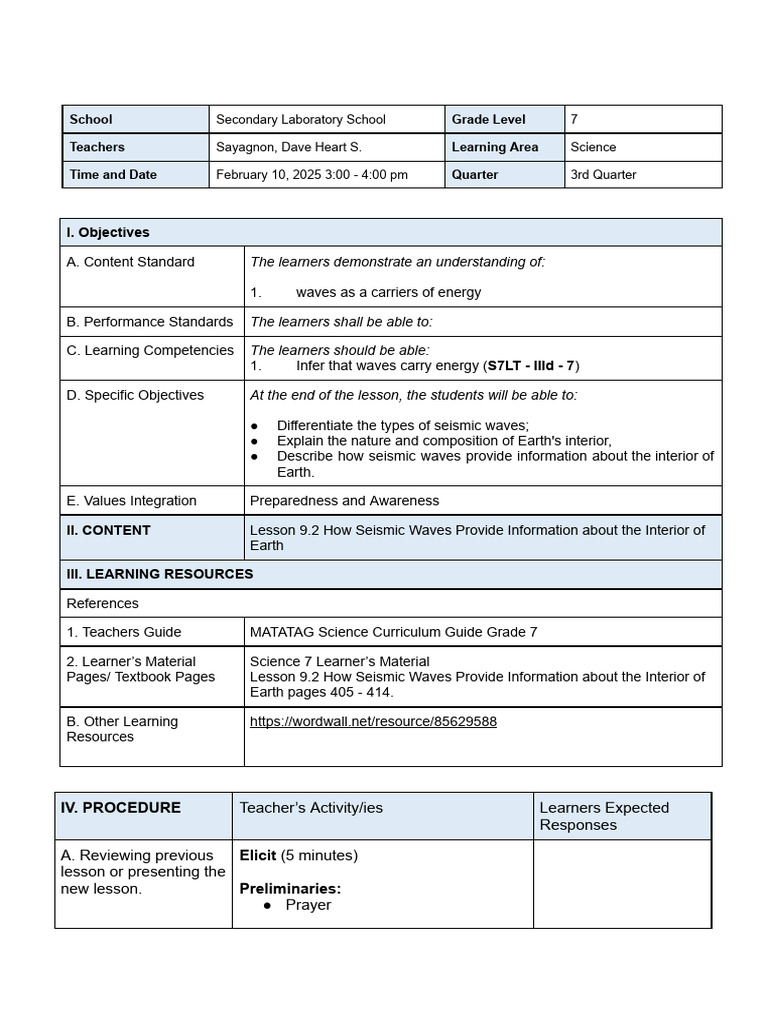 Sayagnon_Lesson Plan_Science 7 (1) | PDF | Seismology | Earthquakes