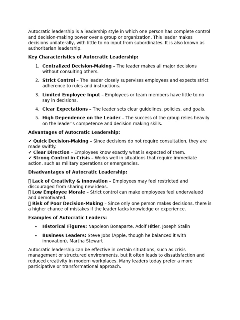 Advantages of Autocratic Leadership | PDF