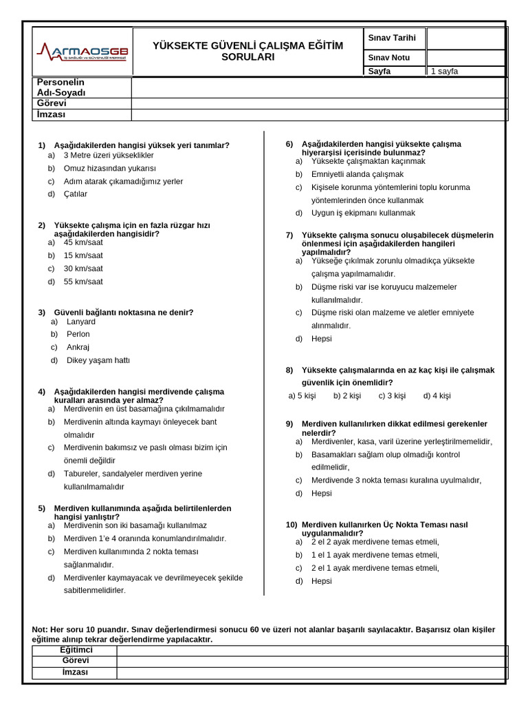 Sinav Sorulari-Yuksekte Calisma | PDF