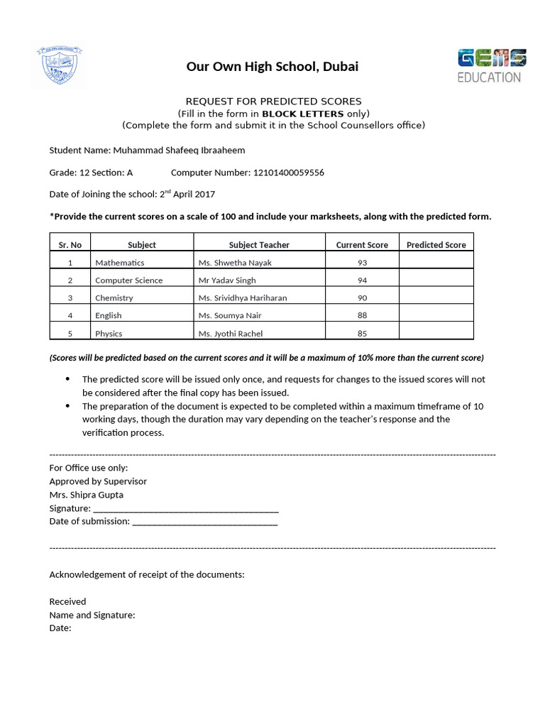 OOW Predicted form | PDF