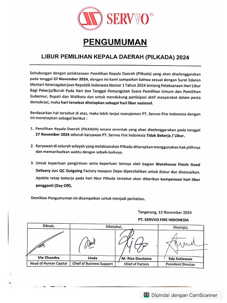 Pengumuman Libur Pilkada Serentak 2024 | PDF