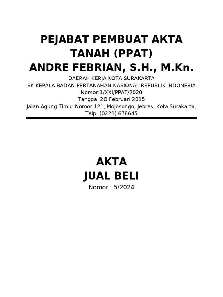 Akta Jual Beli Tanah Surakarta | PDF