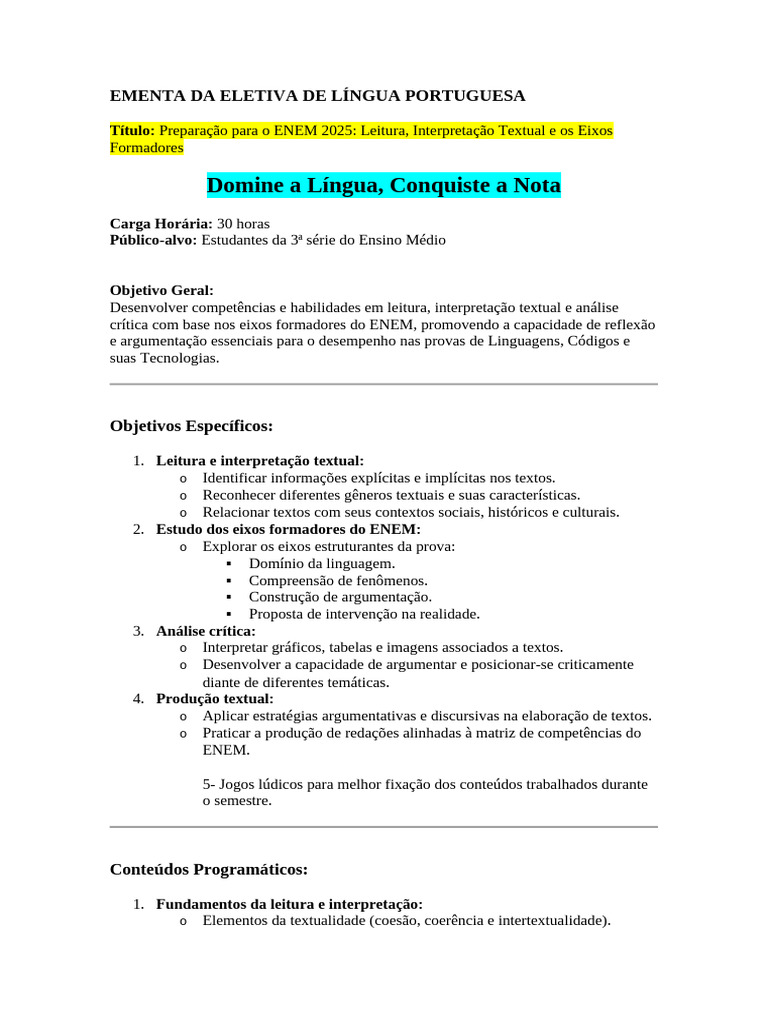 Eletiva - Ementa - Quase Pronta | PDF | Revisão | Pronome