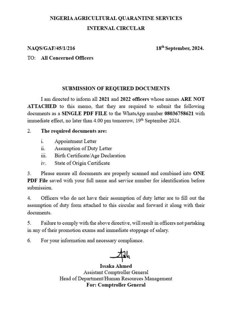 NAQS Circular ON SUBMISSION OF DOCUMENTS (1) | PDF