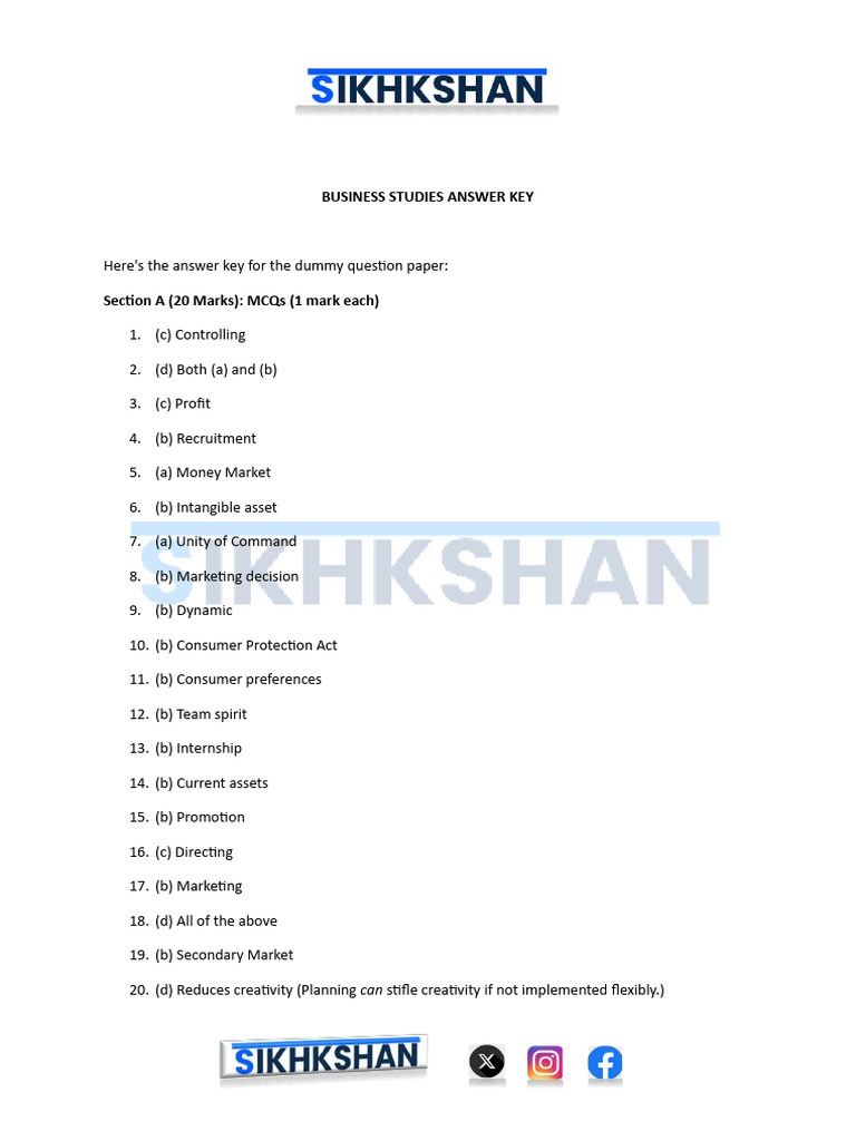 Business Studies Answer Key | PDF | Marketing | Financial Economics