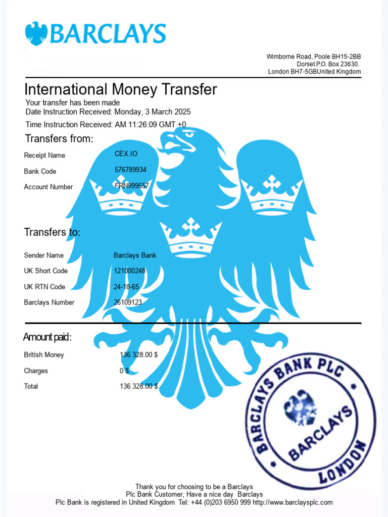 Barclays International Transfer Receipt | PDF