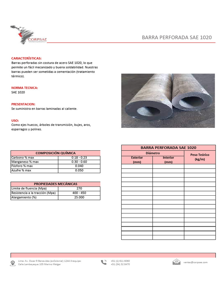 Ficha Tecnica - Barra Perforada Sae 1020 - Corpsae | PDF | Acero | Materiales