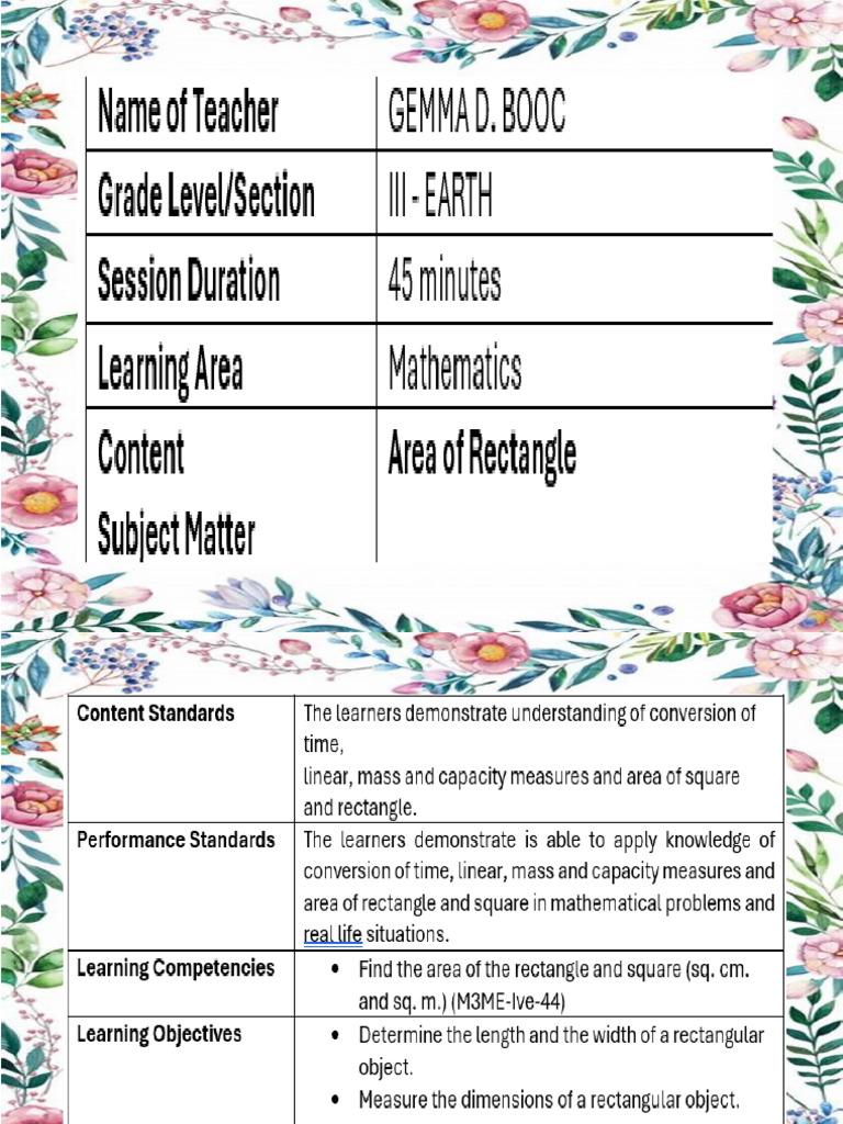 Classroom Rules and Area Measurement Activities | PDF | Area | Length