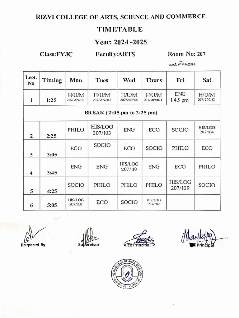 Rizvi College FYJC Timetable 2024-25 | PDF
