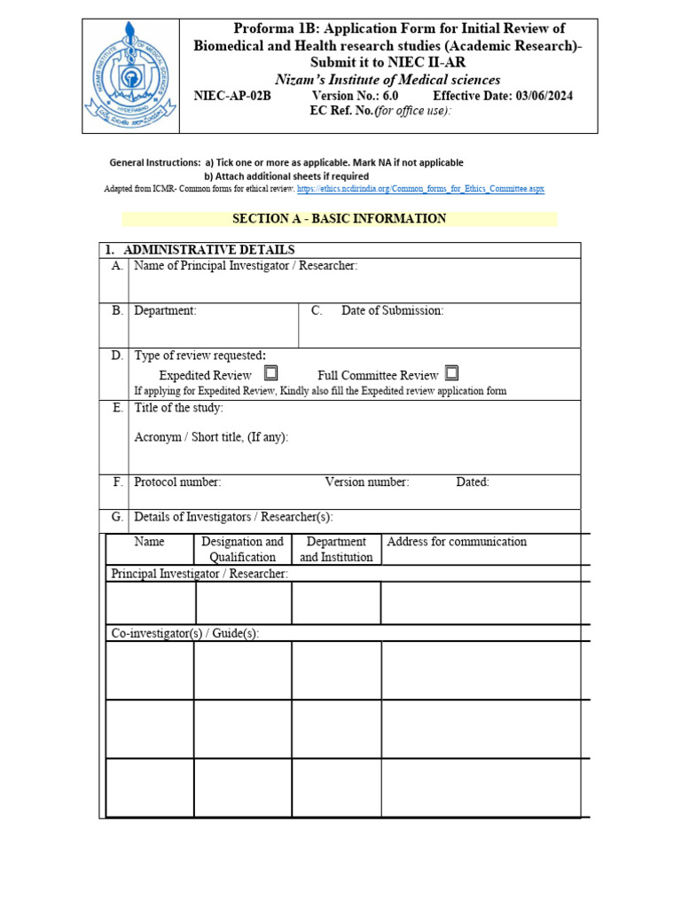 Initial Application Form For Biomedical and Health Research (NIEC II-AR ...