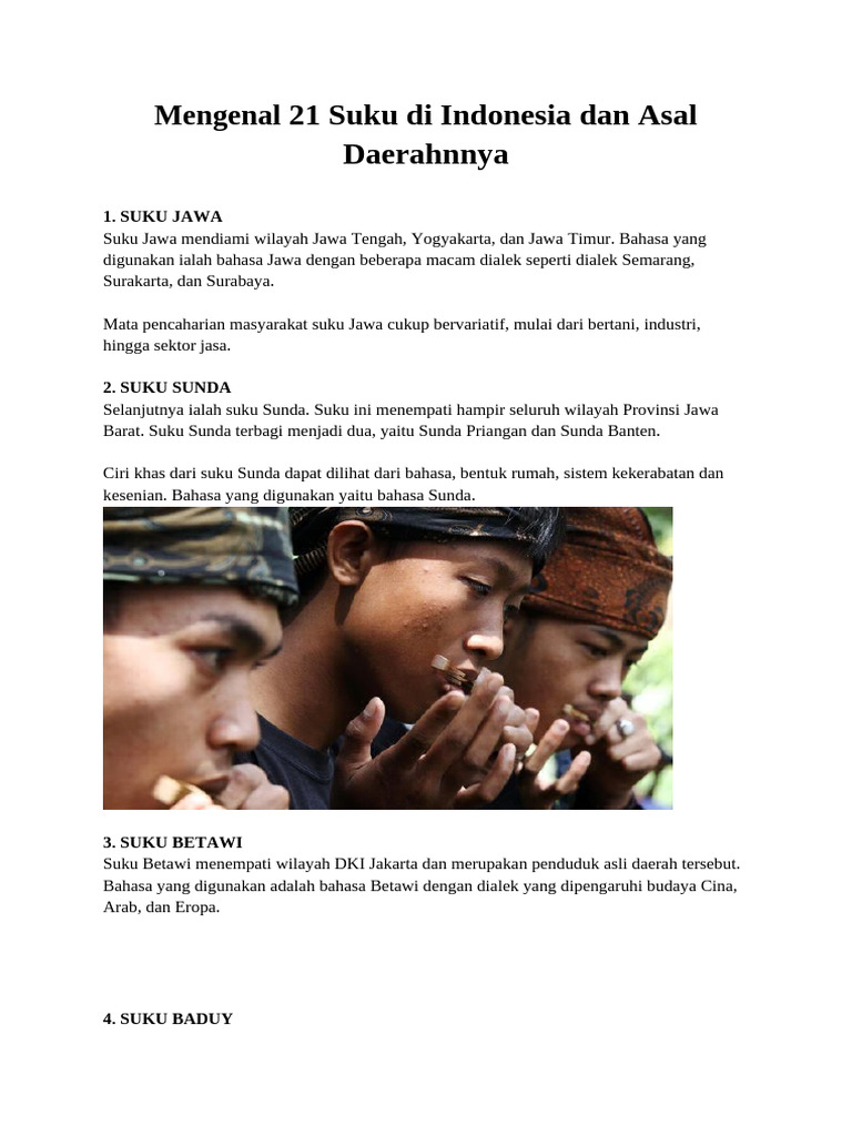 Mengenal 21 Suku Di Indonesia Dan Asal Daerahnnya | PDF