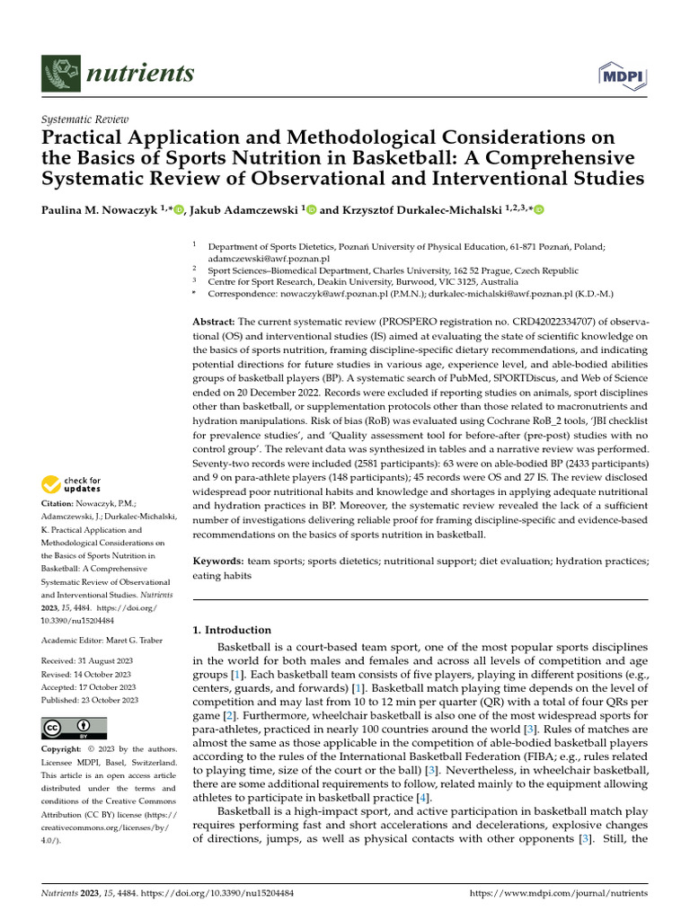 Practical Application and Methodological Considerations on the Basics of Sports Nutrition in ...