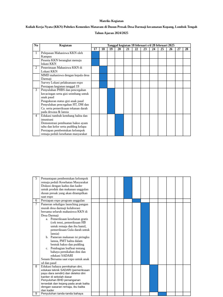 Matriks Kegiatan KKN Poltekes 2024/2025 | PDF