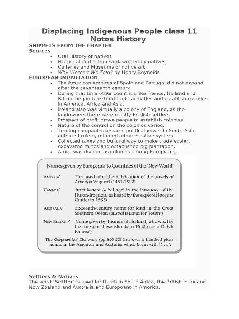 Displacing Indigenous Peoples: Class 11 Notes | PDF | Australia | The ...