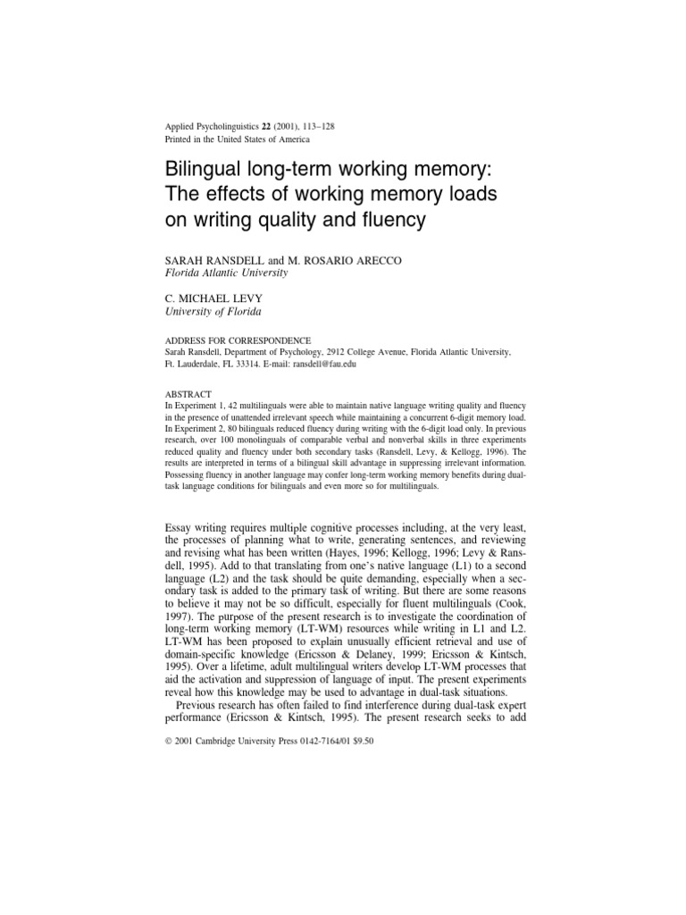 Bilingual Working Memory Effects on Writing | PDF | Fluency | Multilingualism