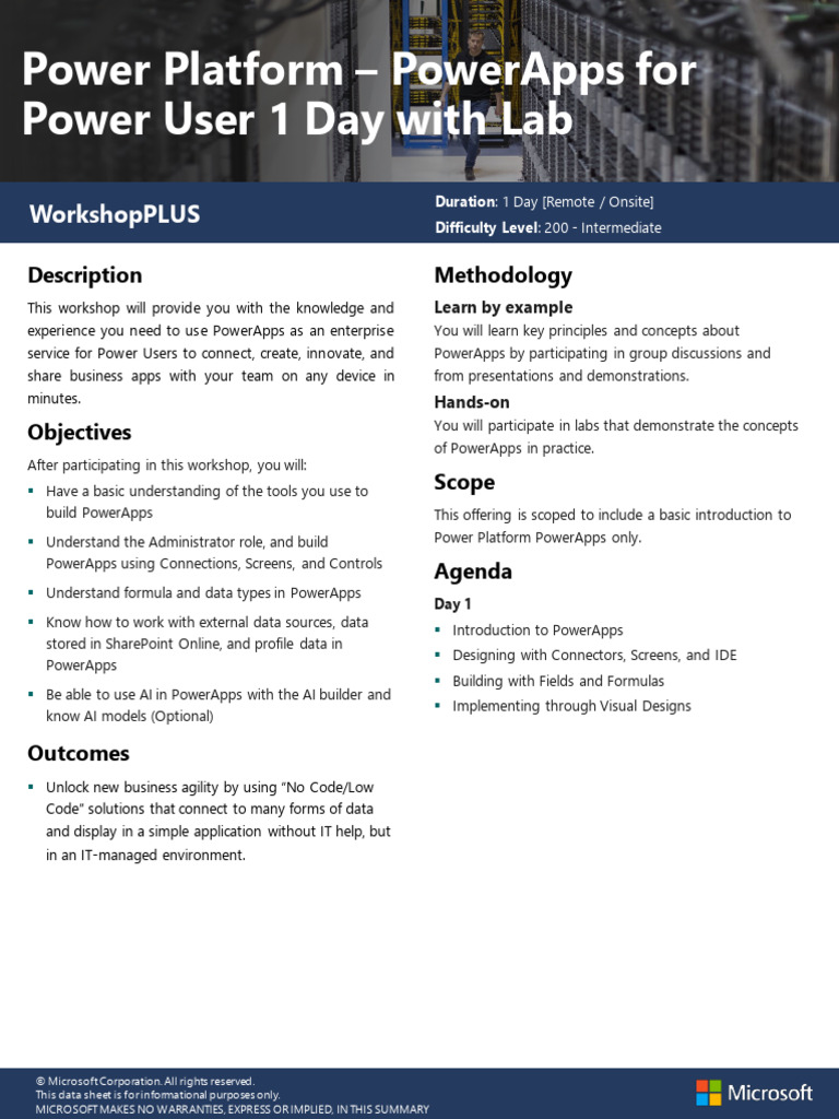 Datasheet - WorkshopPLUS - Power Platform - PowerApps For Power User 1 Day With Lab v2 (2 ...