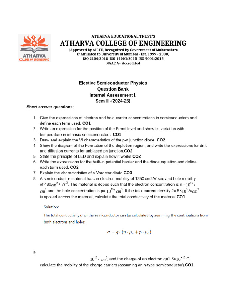 Question Bank For Elective Physics IA-1 (2024-25) | PDF | P–N Junction ...