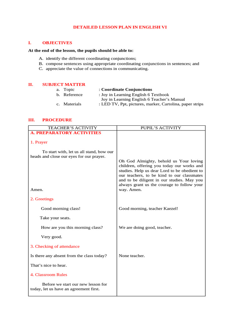 Lesson Plan: Coordinating Conjunctions | PDF