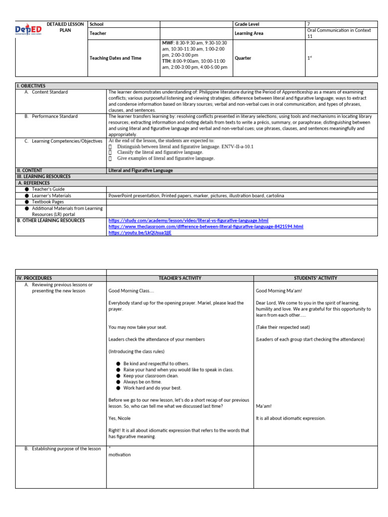Lesson Plan on Literal vs. Figurative Language | PDF | Learning ...