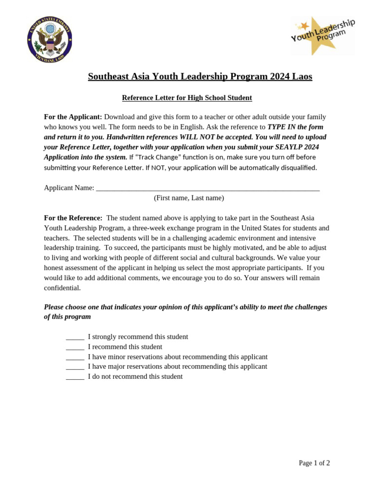 2024 SEAYLP Student Reference 1 | PDF | Leadership | Behavior Modification