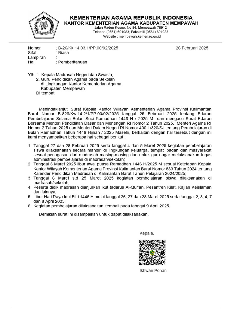 Surat Pemberitahuan Pembelajaran Di Bulan Ramadhan 1446 H-2025M | PDF