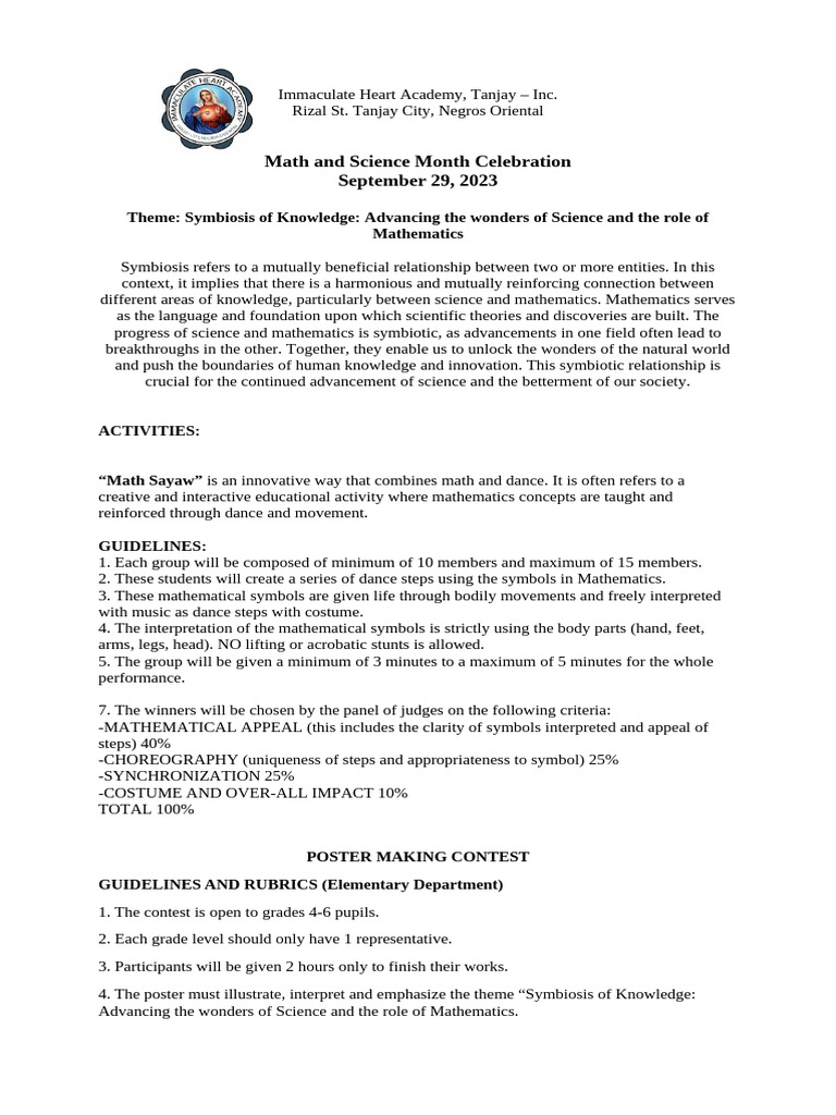 Rubrics and Guidlines For Scimath Month | PDF | Mathematics | Dances