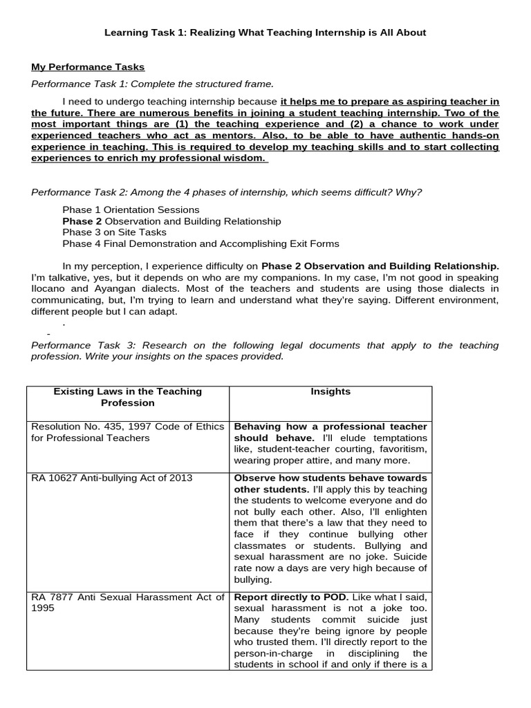 Teaching Internship Insights and Experiences | PDF | Teachers | Learning