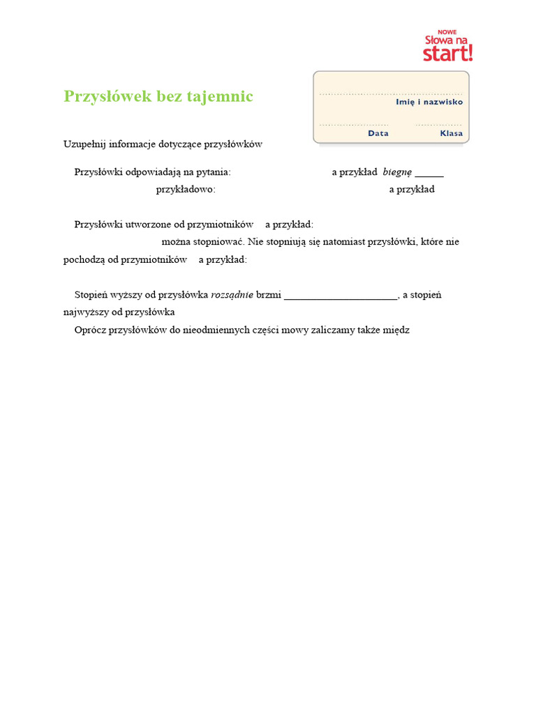 Rozdzial 4 Temat 64 Karta Pracy Przyslowek Bez Taj | PDF