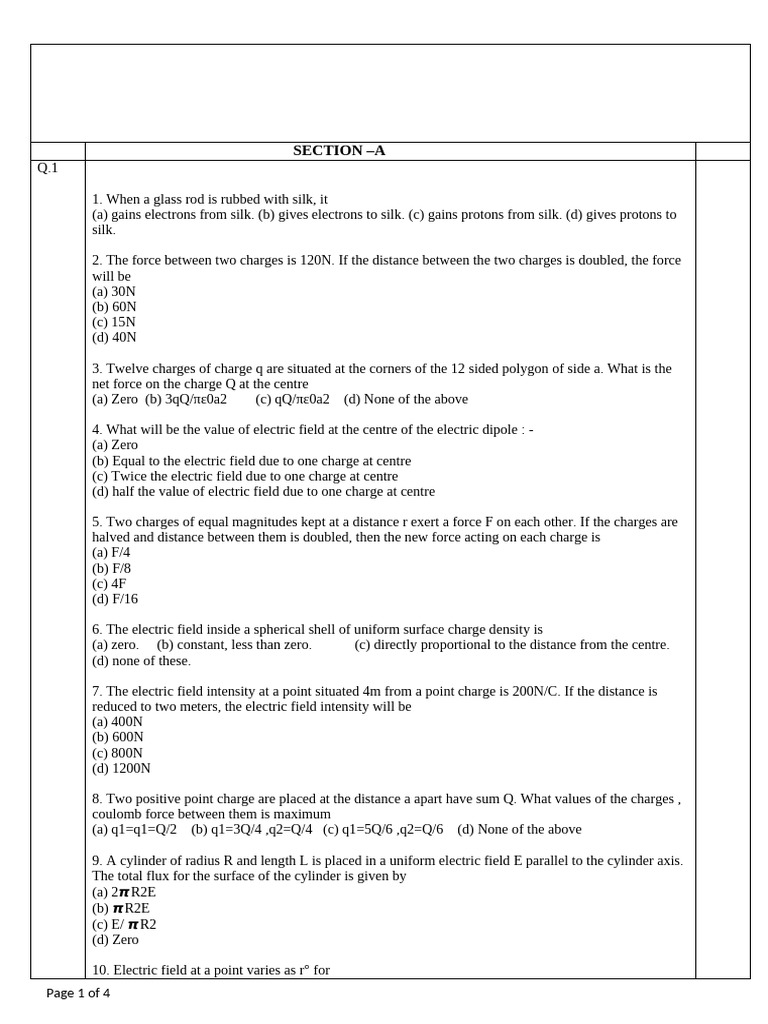 physics worksheet 4 class 12 | PDF | Capacitor | Electric Field