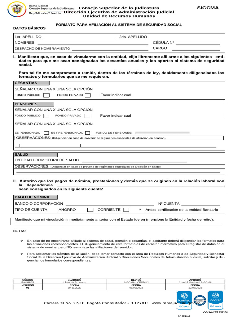 F-Agh-05 - Formato para Afiliacion Al Sistema de Seguridad Social | PDF | Pensión