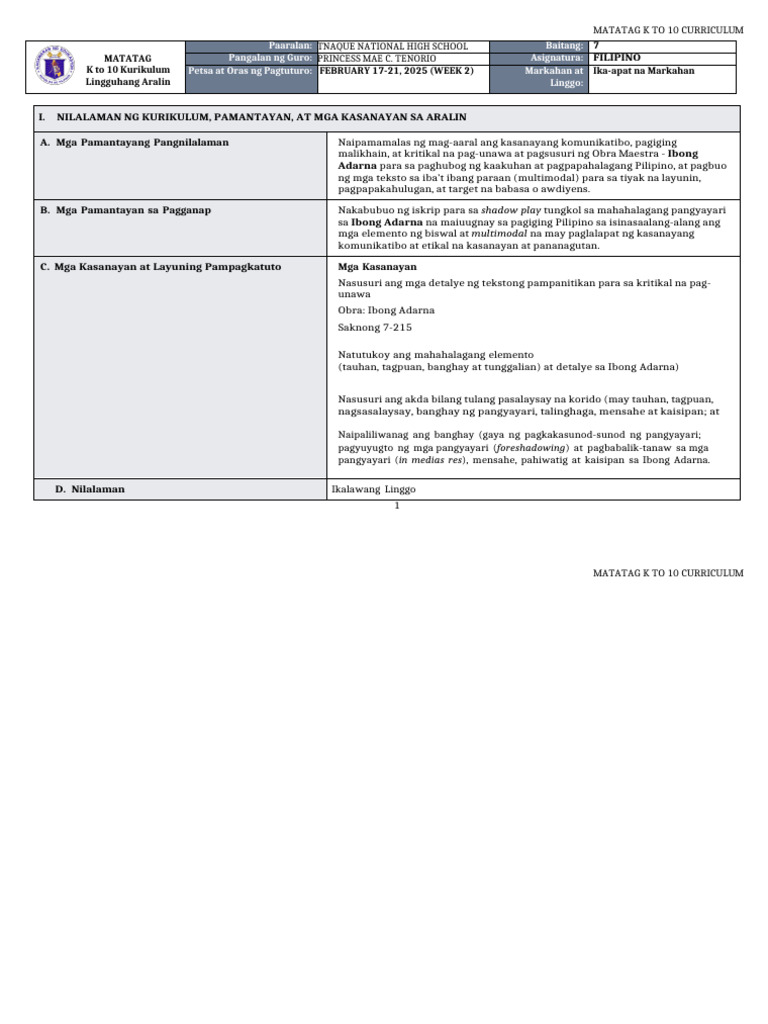 DLL Matatag - Filipino 7 Q4 W2 | PDF