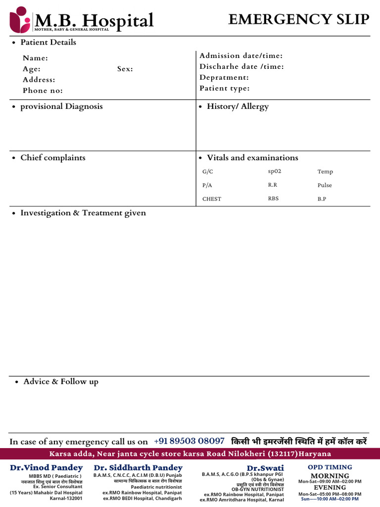 Emergency Slip and OPD Timings | PDF | Medicine | Health Care