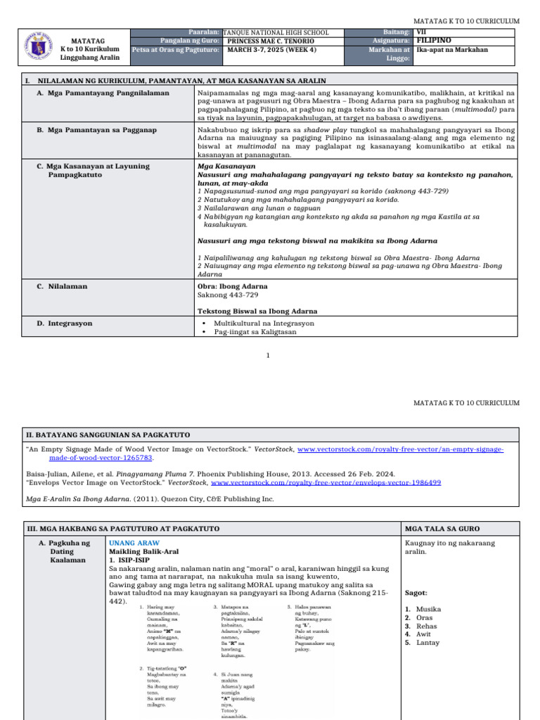 DLL Matatag - Filipino 7 Q4 W4 | PDF