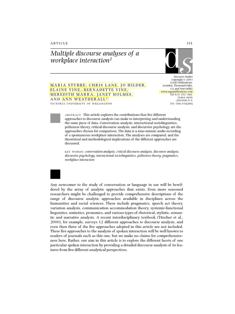 Stubbe Et Al 2003 Multiple Discourse Analyses of A Workplace Interaction | PDF | Discourse ...