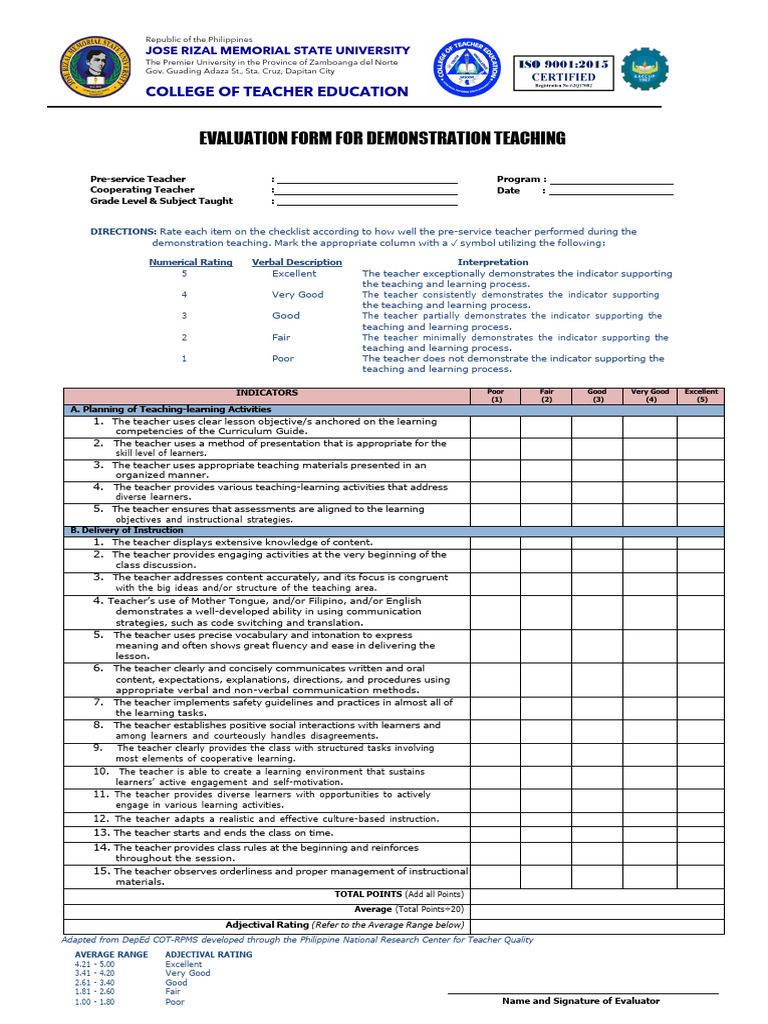 Teacher Demonstration Evaluation Form | PDF | Teachers | Learning