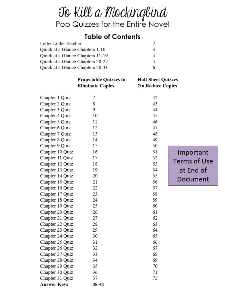 Pop Quizzes For The Entire Novel: Important Terms of Use at End of ...