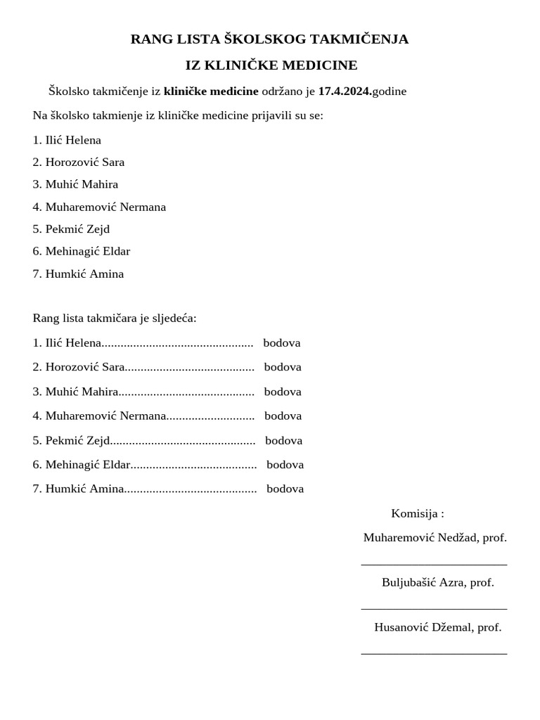 RANG LISTA Sa Takmičenja Iz Fizikalne Terapije | PDF