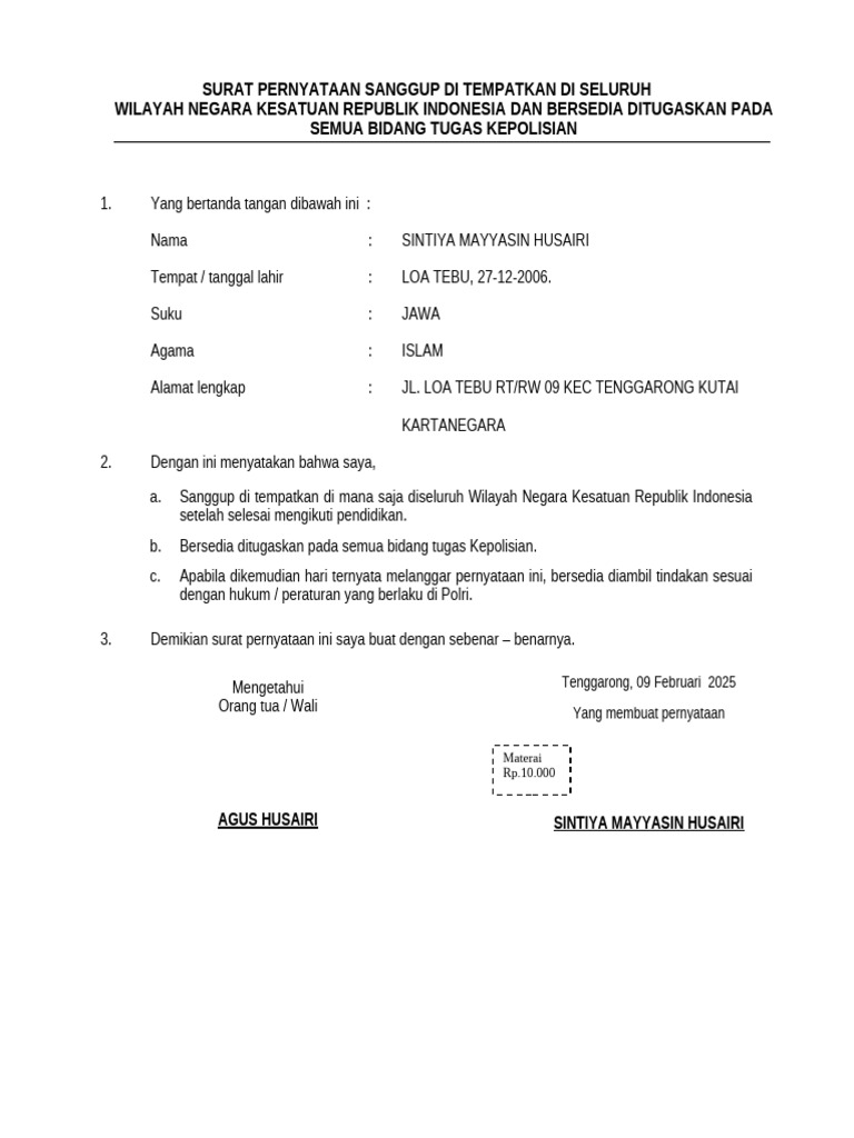 Surat Pernyataan Sanggup Tugas Polri | PDF
