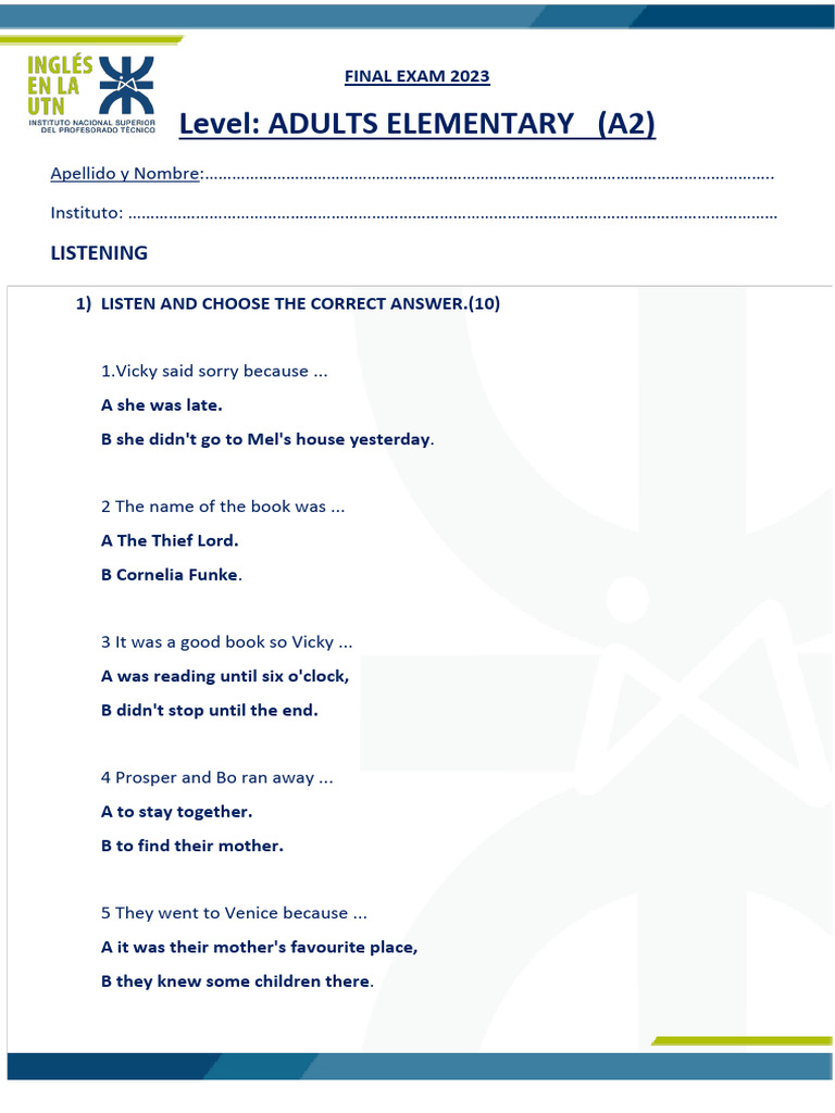 Adults Elementary Final Exam 2023 | PDF