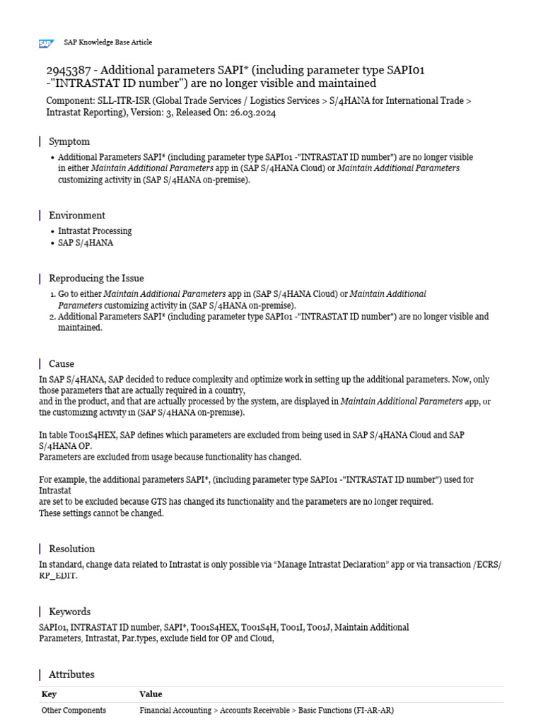 Additional Parameters SAPI (Including Parameter Type SAPI01 ...