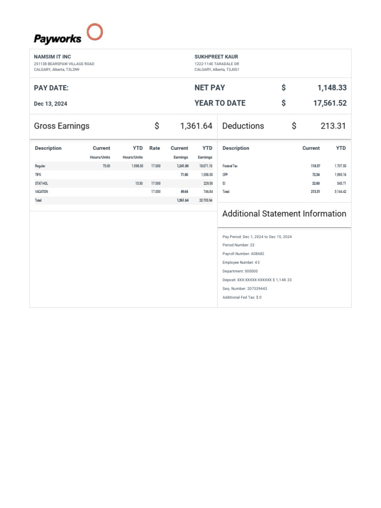 Payroll Statement for Dec 2024 | PDF | Payroll | Taxes