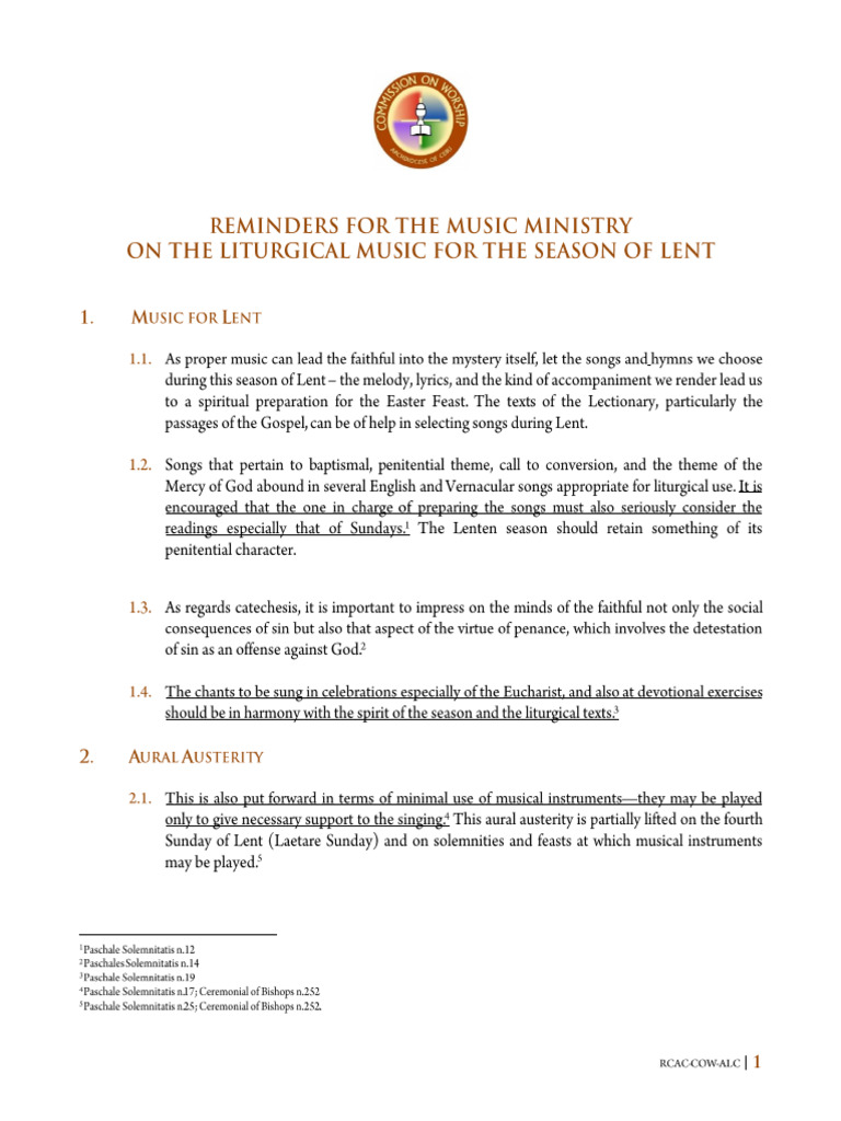 Reminders For Music Ministry On Liturgical Music of Lent | PDF