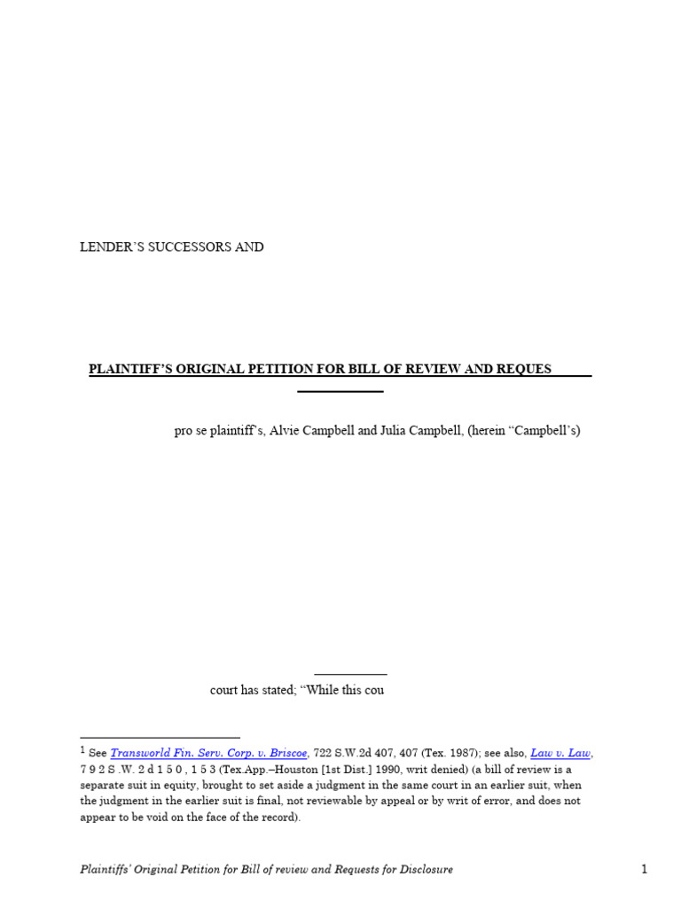 368th - Petition For Bill of Review | PDF | Lawsuit | Summary Judgment