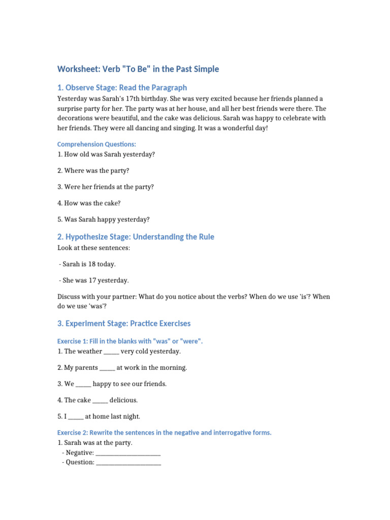 Verb To Be Past Worksheet | PDF