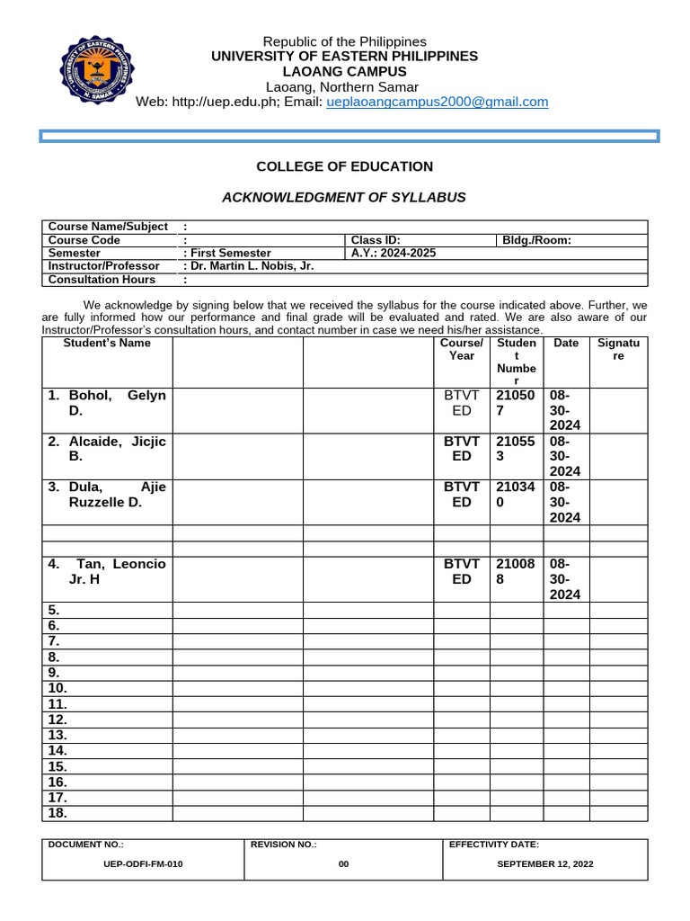 Syllabus Acknowledgment Form | PDF